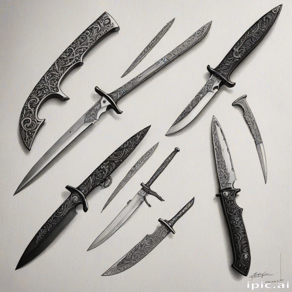 An Artistic Collection of Ornate Knives and Elegant Blades Displayed ...
