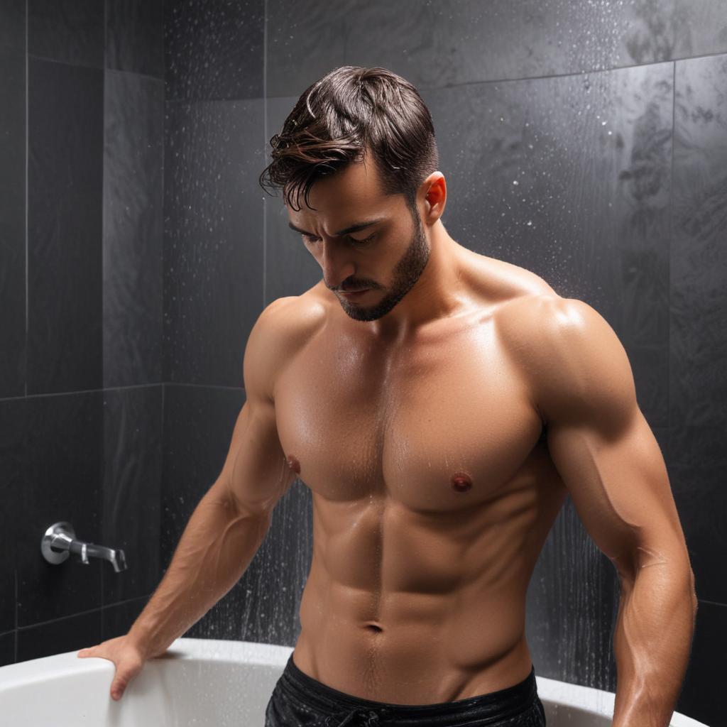 a muscular man washing himself in a black luxury bathroom, there's ...