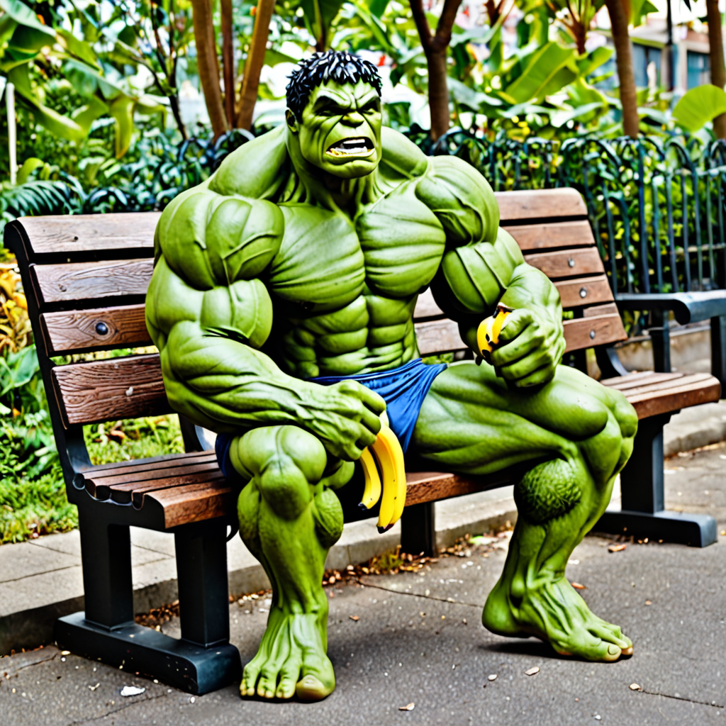 Hulk stepping a banana while he sits on a bench