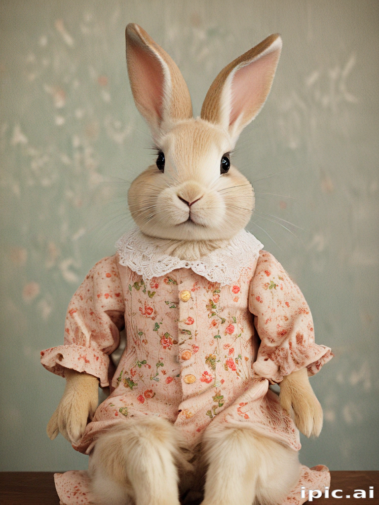 A Charming Bunny Dressed in a Vintage Floral Dress with Lace Collar