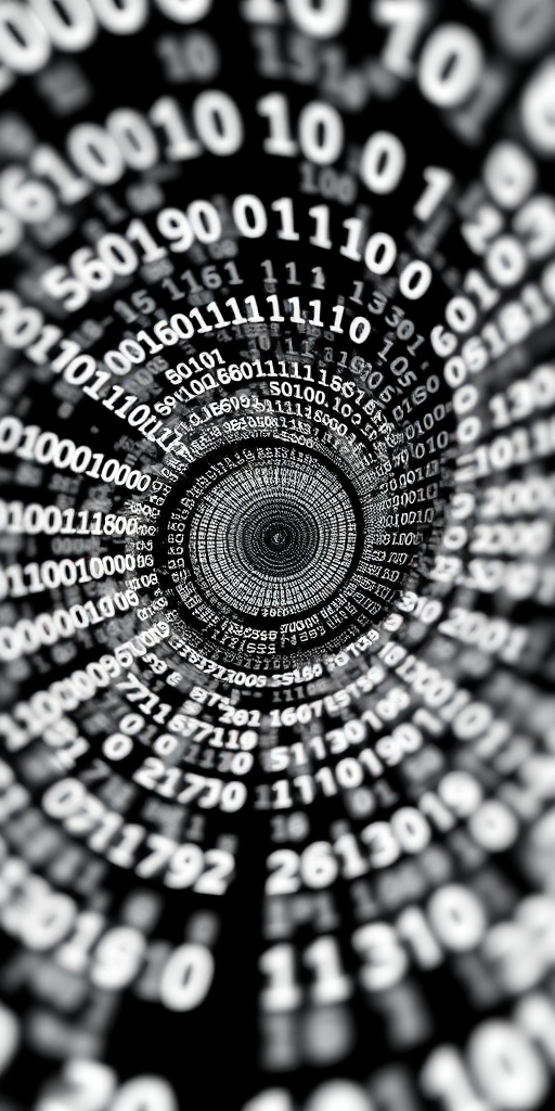 Generate an image of a swirling vortex made of binary code numbers in black and white, with a ...