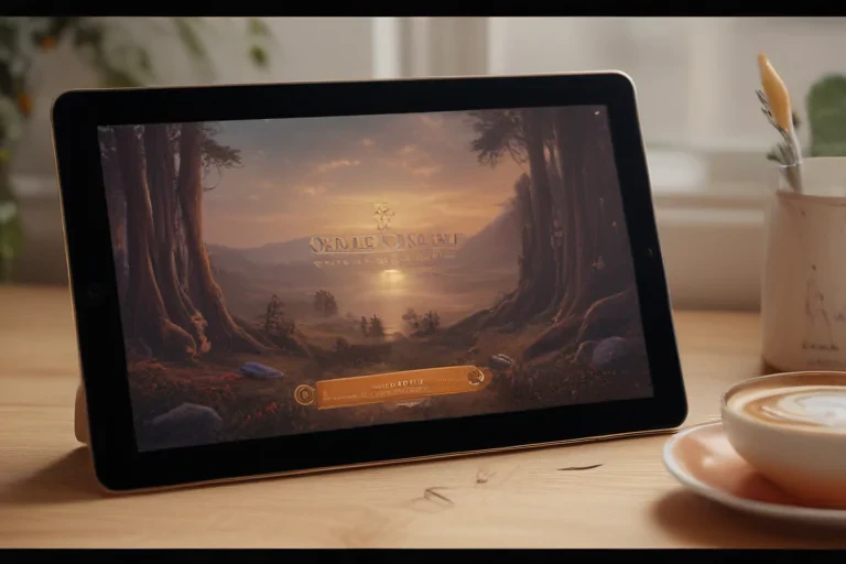 Digital Fantasy Landscape Displayed on Tablet with Coffee and Plants