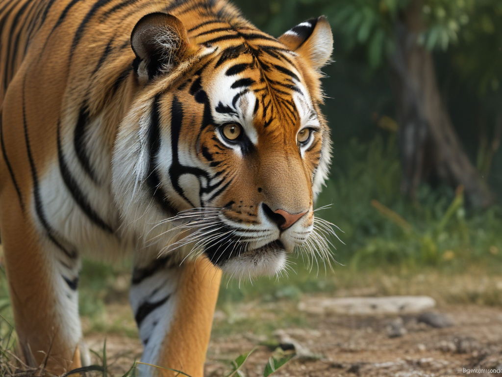 A Majestic Tiger Stealthily Approaches Through Lush Greenery in Nature.