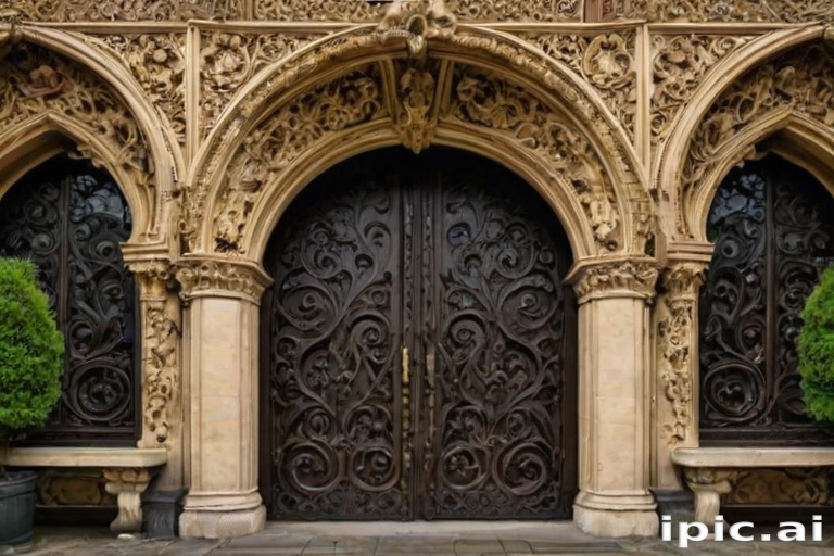 Intricately Carved Gothic Doors Framed by Ornate Architectural Details