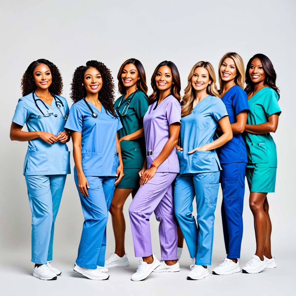 nurses doing a photo shoot in different color scrubs