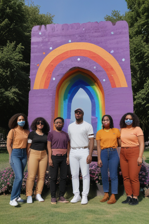 several BIPOC people standing in front of a purple monument with a ...