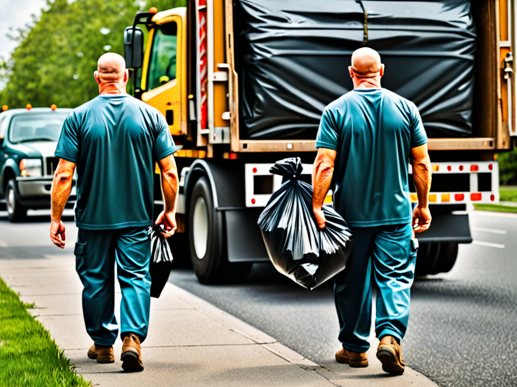 realistic handsome bald older muscular garbagemen from behind carrying ...