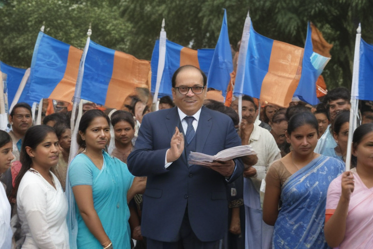 ambedkar with indian womens, peoples holding blue color flags