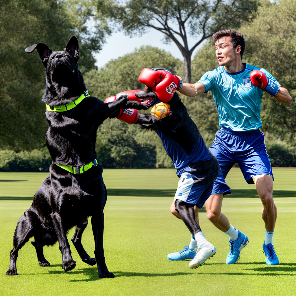 a pumped up dog boxing with a one-eyed cat