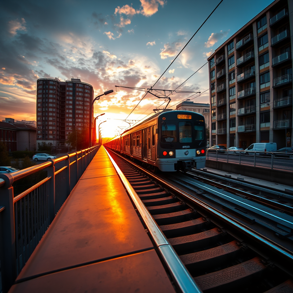 capture a train passing on an elevated track during sunset with golden hour lighting, using a ...