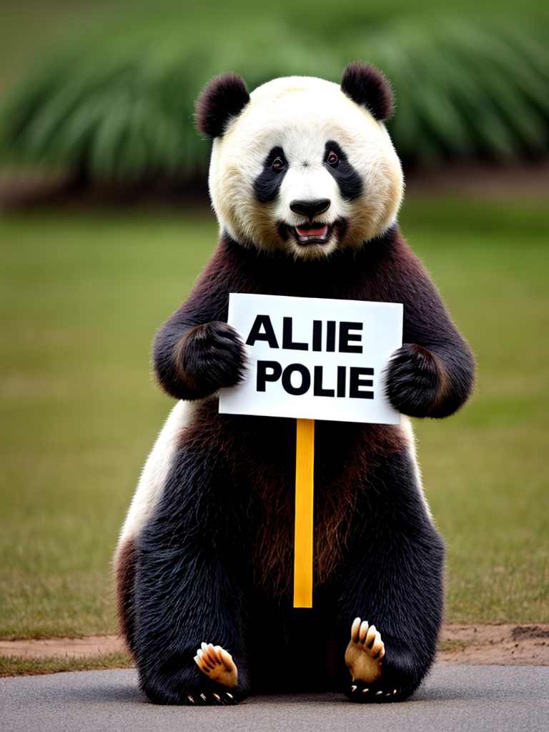A panda holding a sign reading Aline
