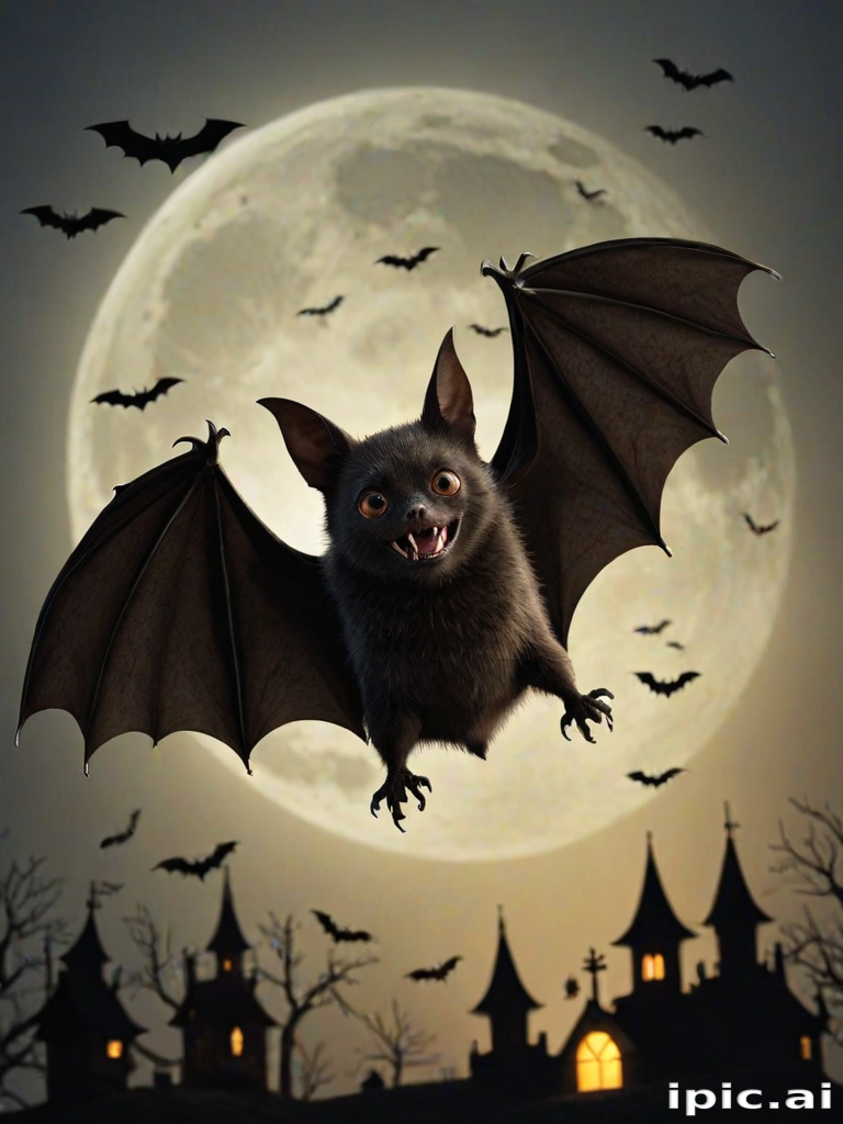 Whimsical Bat Soars Against a Full Moon with Spooky Silhouettes