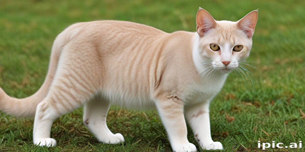 A Playful Cream-Colored Cat Exploring a Lush Green Lawn Outdoors.
