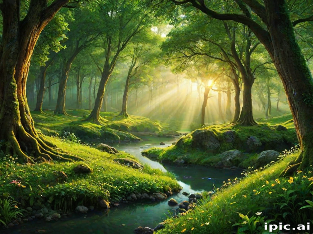 Serene Sunlit Forest Scene with Lush Greenery and Gentle Stream