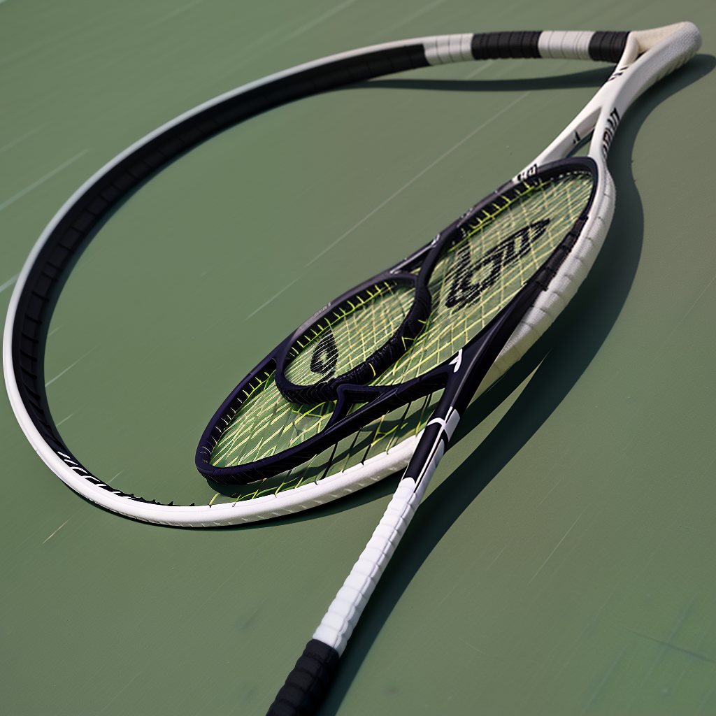 Two Tennis Rackets Resting Together on a Green Court Surface