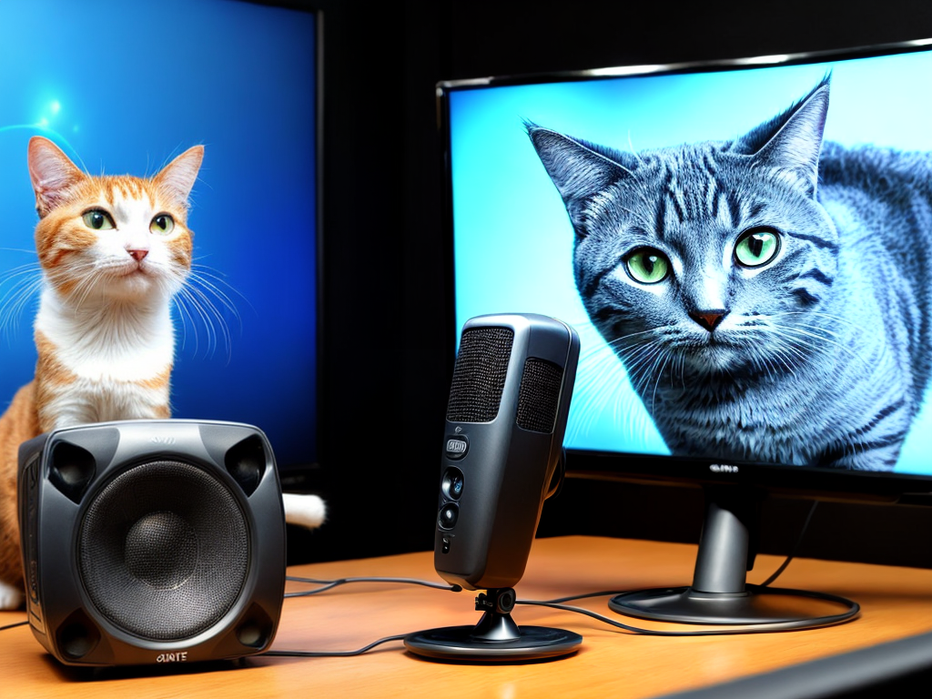 cat singing into a microphone in a recording studio with tv monitors