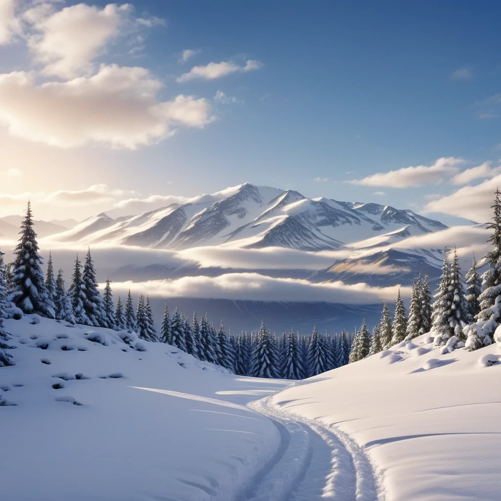 Serene Winter Landscape Featuring Majestic Mountains and Snow-Covered Trees