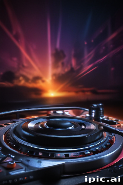Vibrant Sunset Over DJ Turntable with Dynamic Light Effects in Background