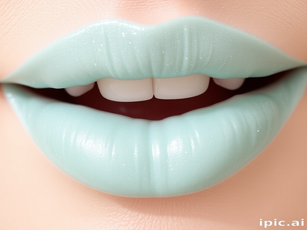 Close-Up of Glossy Mint Green Lips with a Shimmering Finish