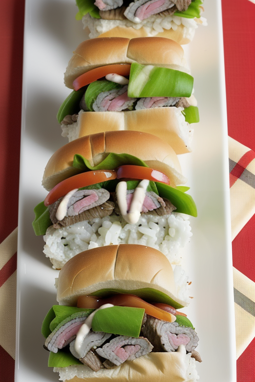 Delicious Mini Sushi Sliders with Beef, Fresh Vegetables, and Creamy Sauce