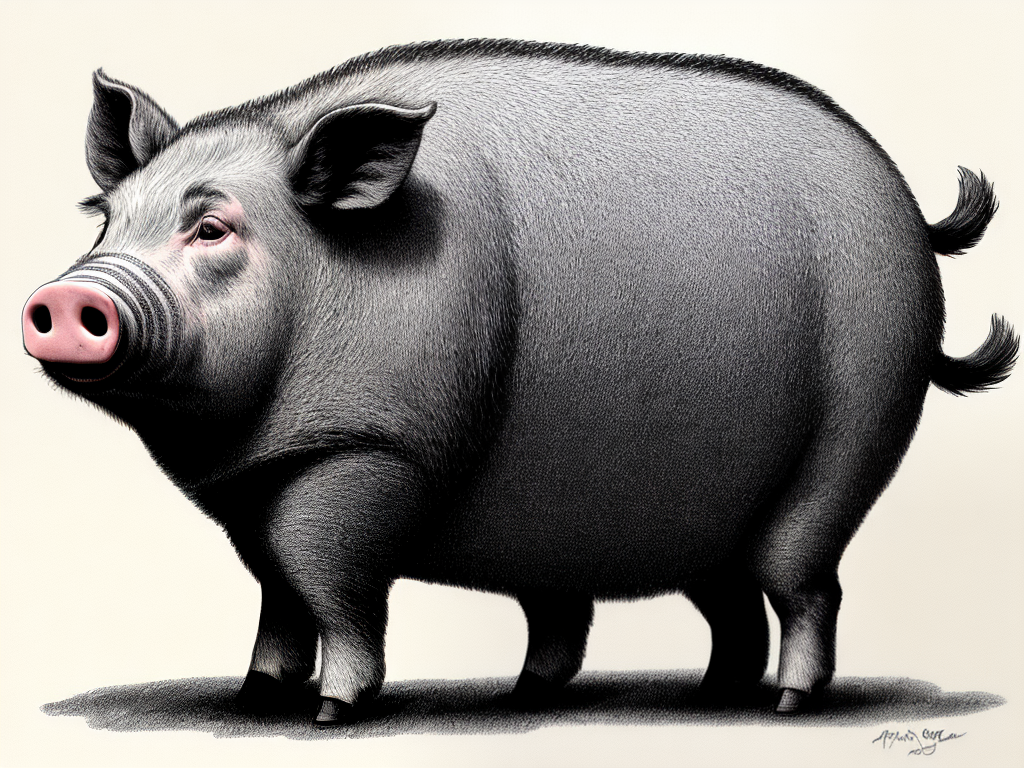 Black and white cartoon of a pig
