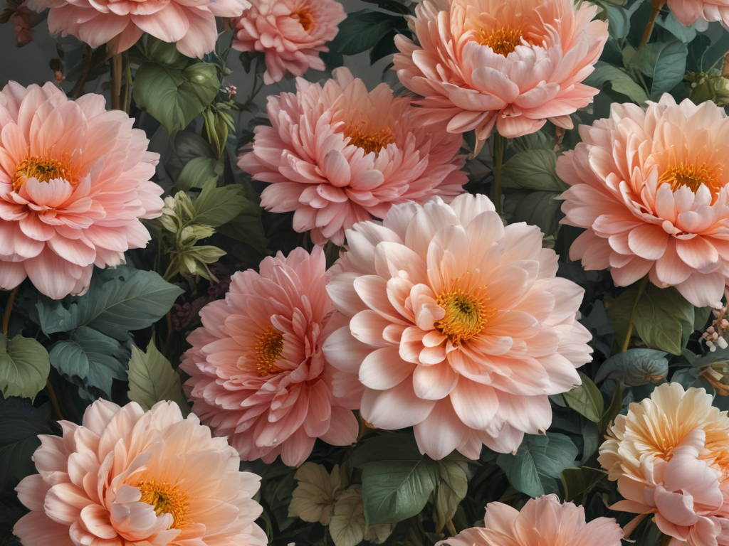 A Vibrant Display of Lush Peach Dahlias in Full Blooming Glory