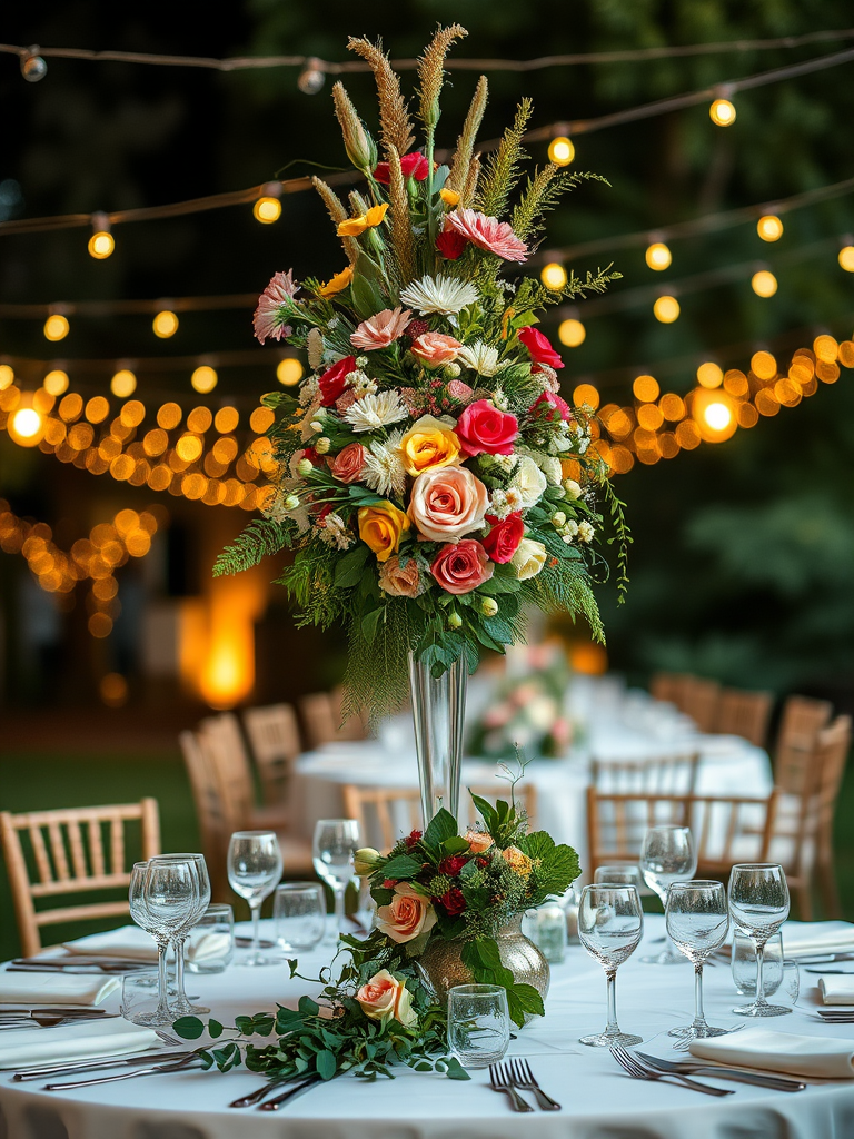 Elegant Floral Centerpiece Illuminated by Twinkling String Lights at ...