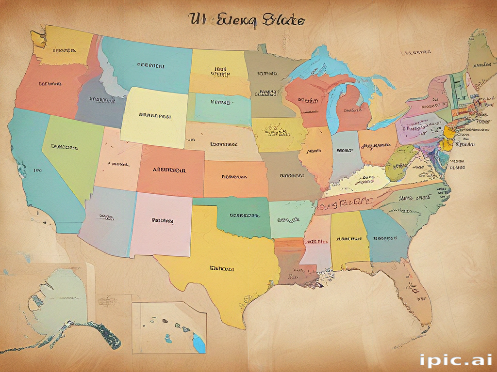 Colorful Map of the United States Featuring Unique State Names and Borders