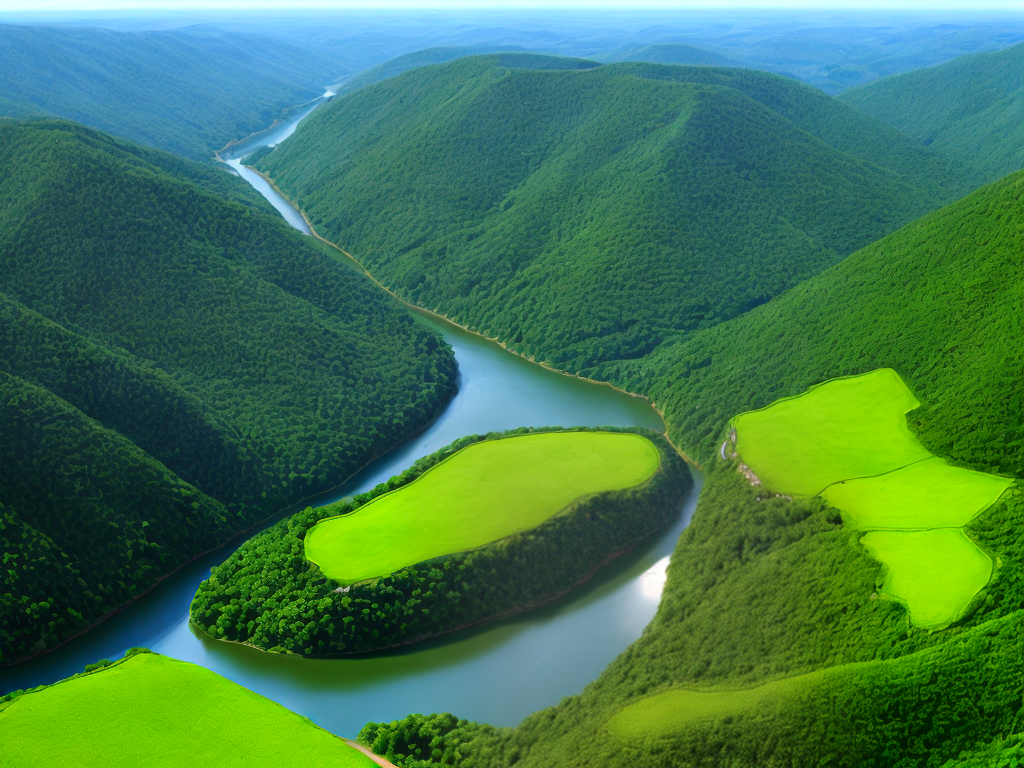 Viewpoint on large hill overlooking deep gorge with river at bottom and ...