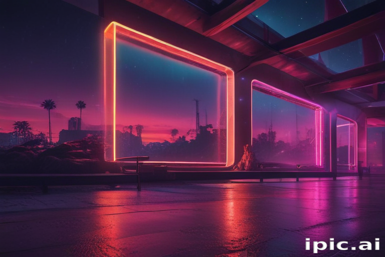 Futuristic Sunset View Through Neon-Illuminated Windows in a Modern Space