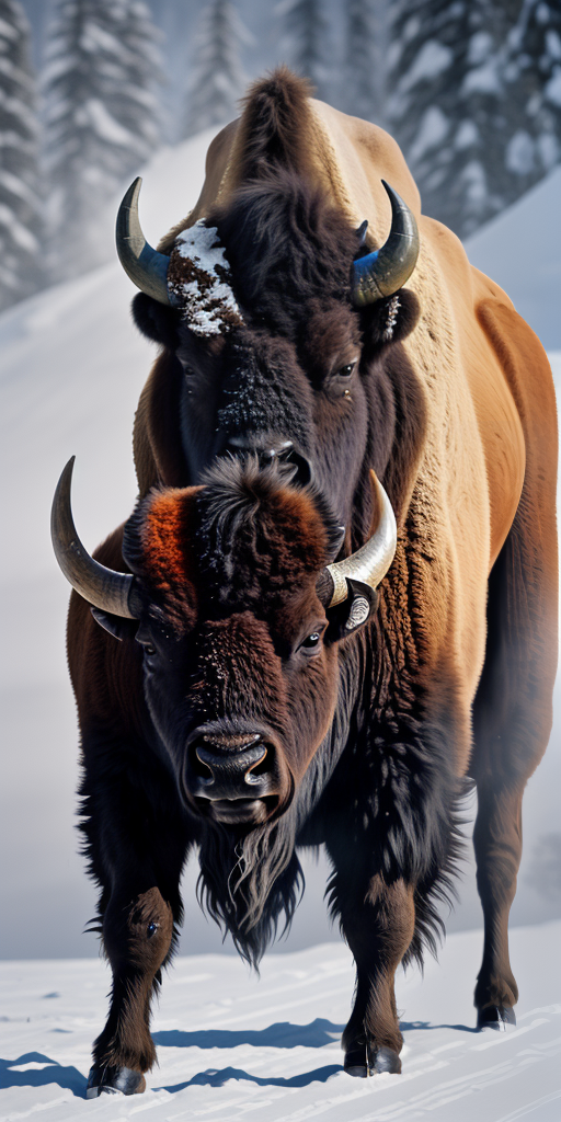 Majestic Bison Pair Standing Together in a Snowy Wilderness Landscape