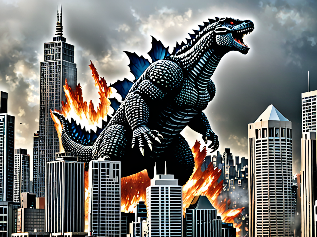 Godzilla destroying the pixelated city