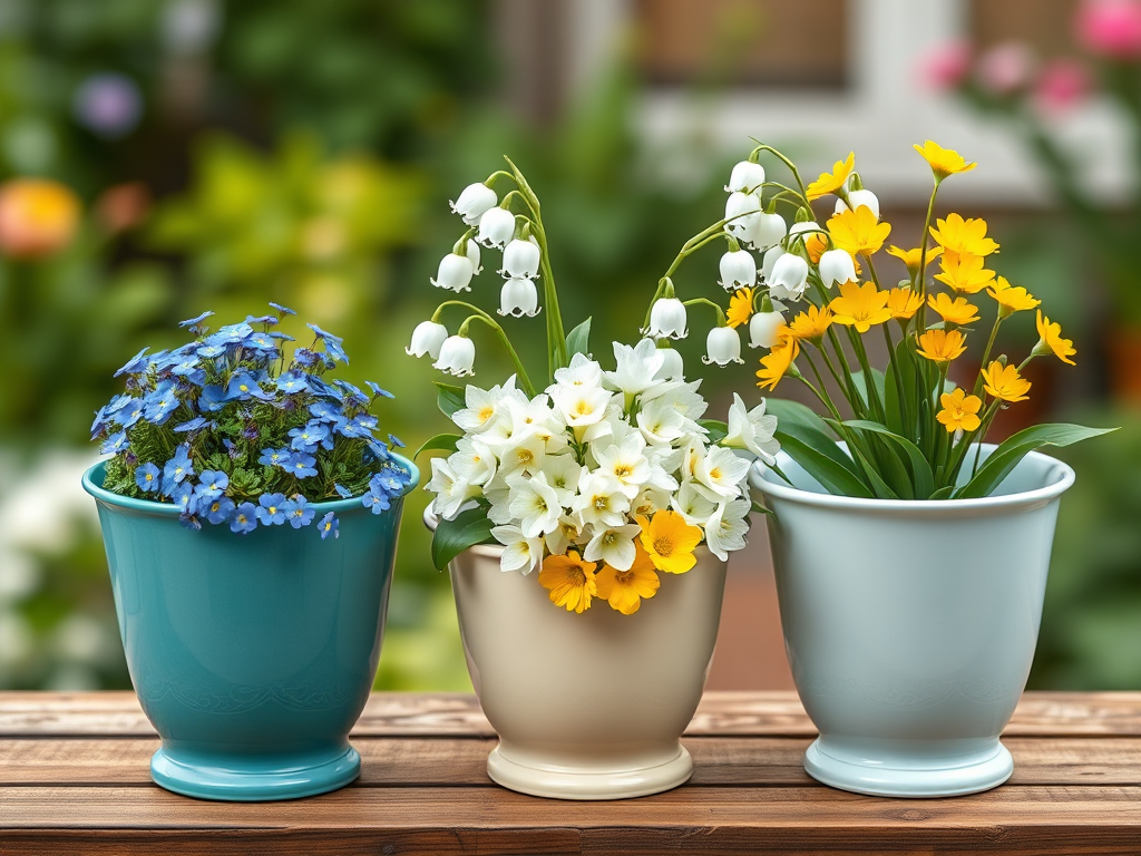 Create an illustration of three elegant flower pots: the first filled ...