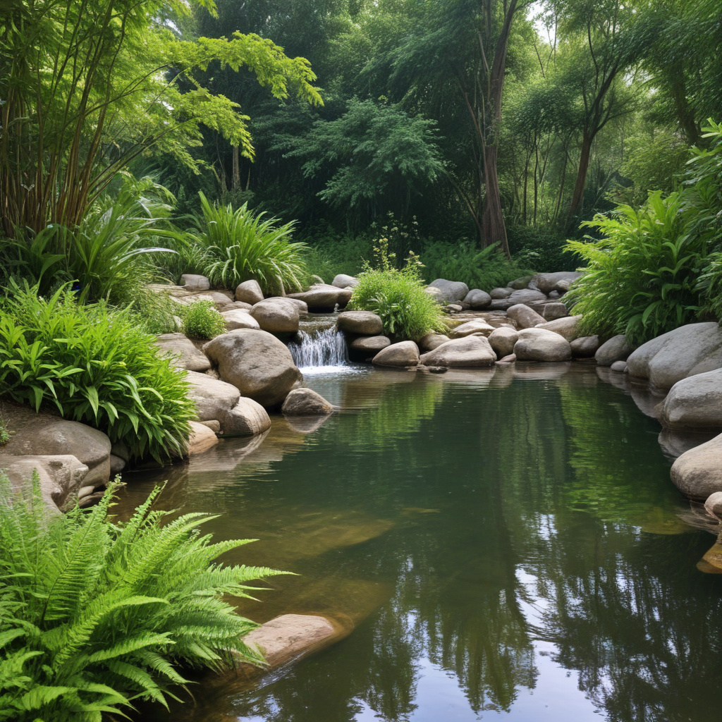 a soothing environment with water and greenery
