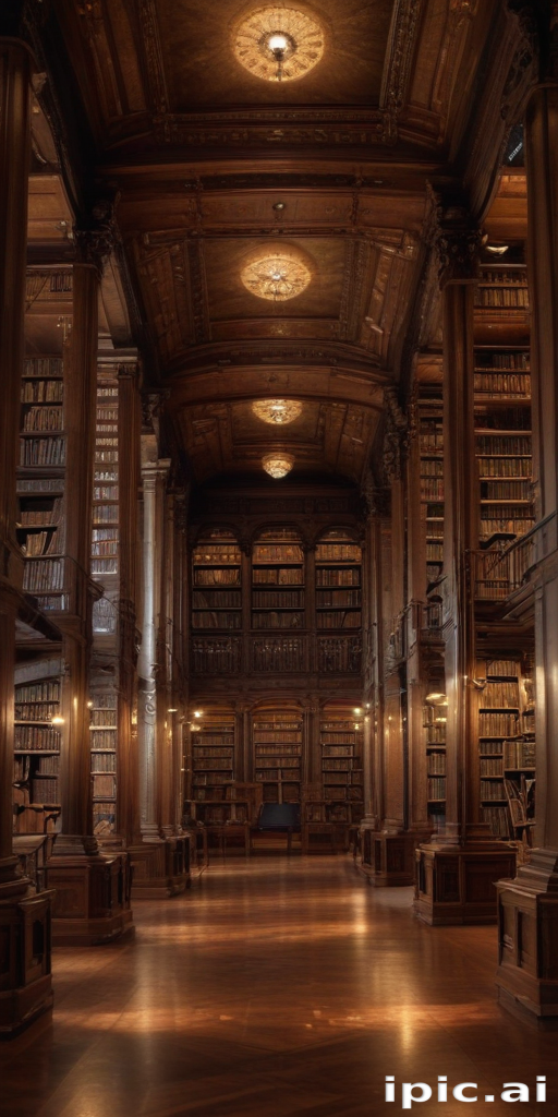 A Majestic Library Interior with Elegant Woodwork and Endless Bookshelves.