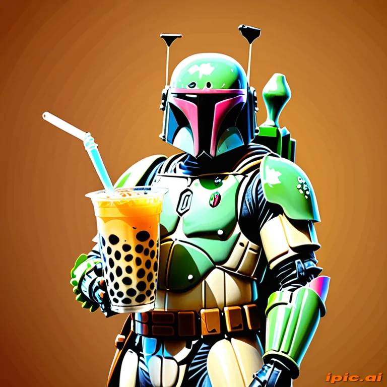 Boba Fett Enjoys a Refreshing Cup of Bubble Tea with Style