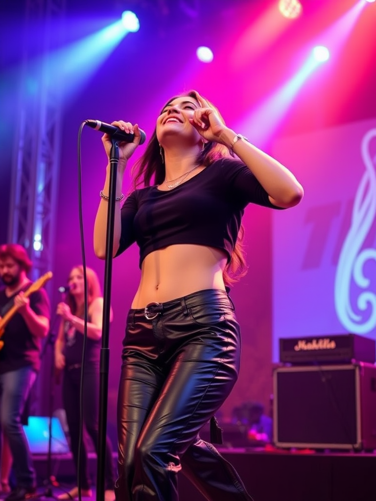 Capture a vibrant live music performance featuring a female singer in a ...