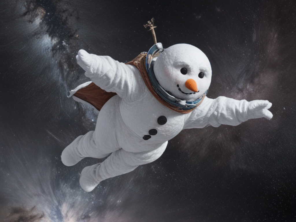 a snowman flying through space
