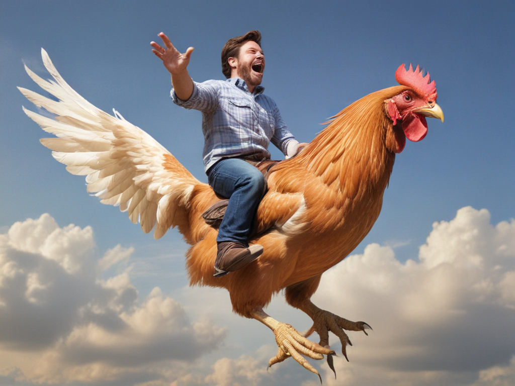 man riding a flying chicken