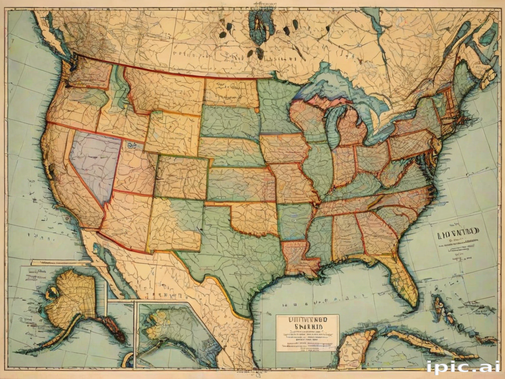 Detailed Historical Map of the United States Showing State Boundaries ...