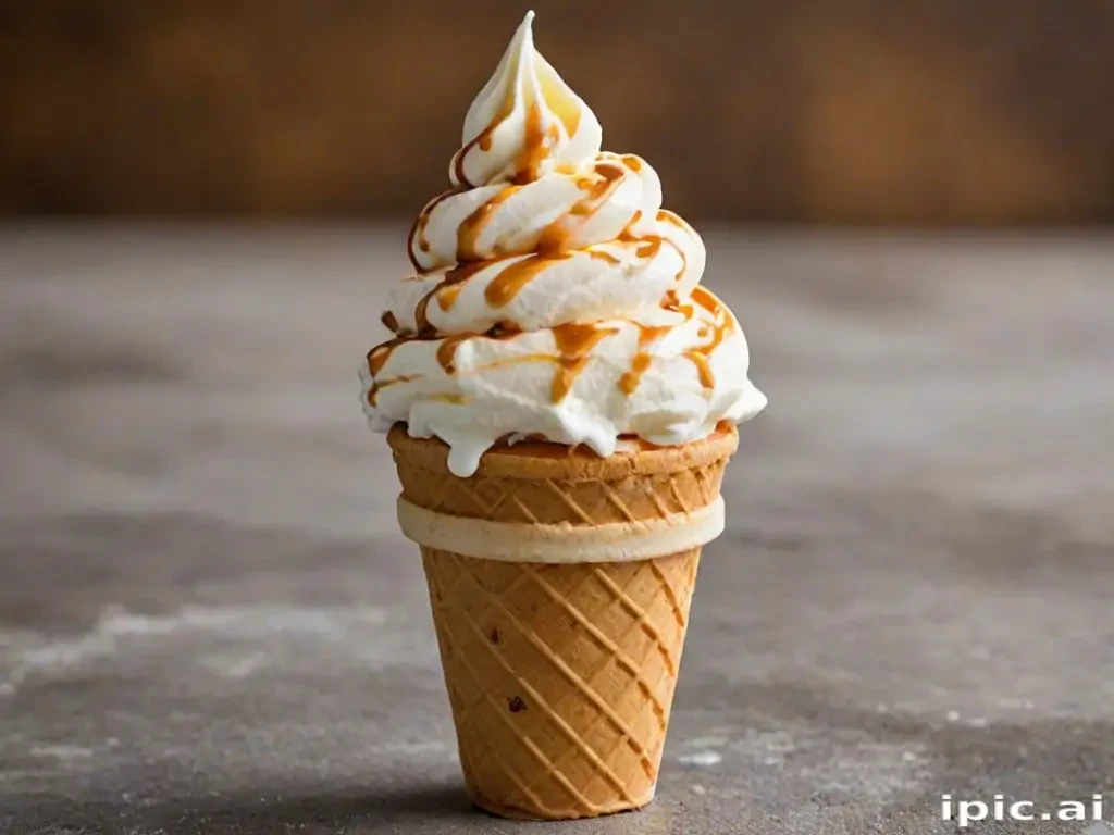 Deliciously Swirled Ice Cream Cone Topped with Creamy Caramel Drizzle.