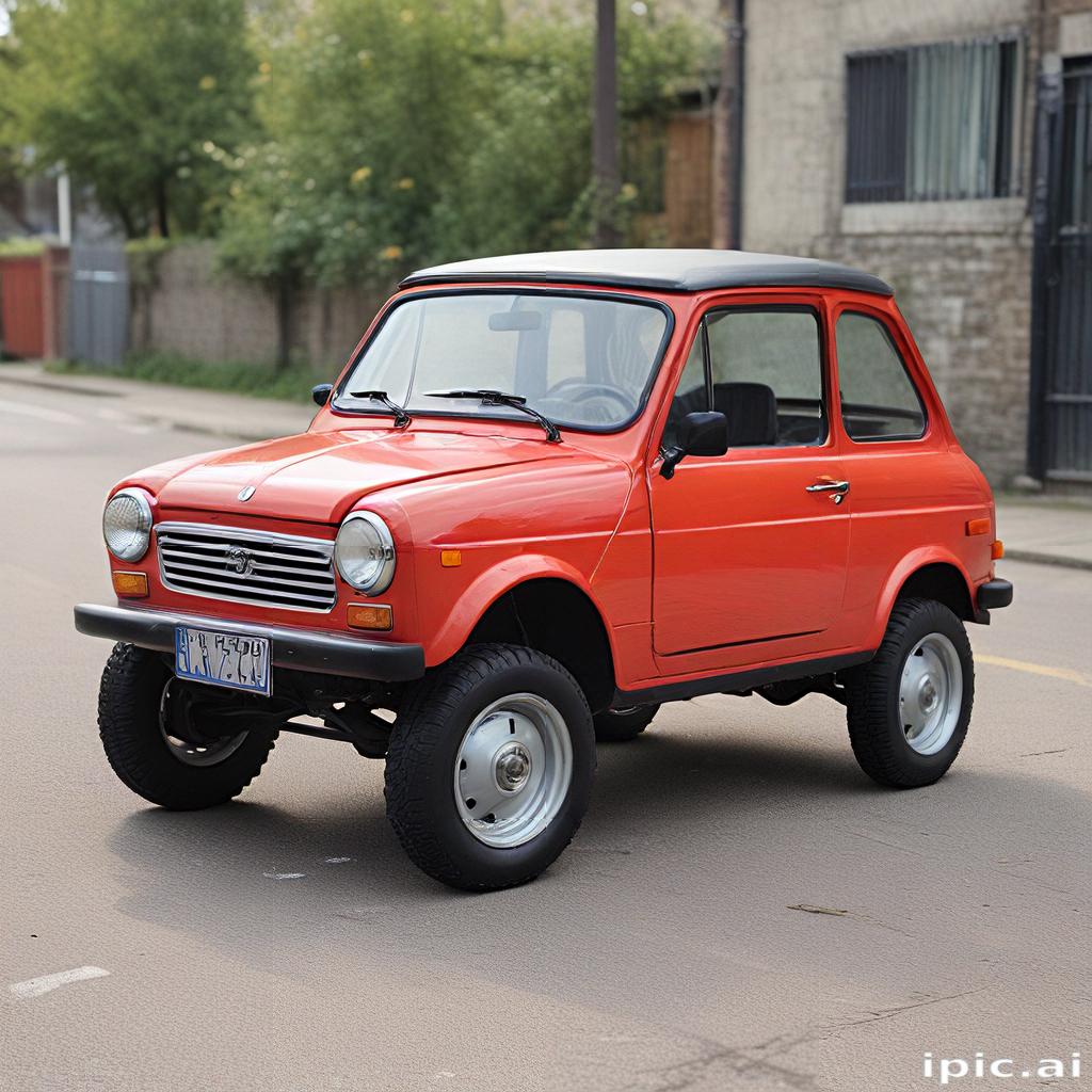 A Classic Orange Compact Car with Unique Off-Road Wheels Parked on Street.