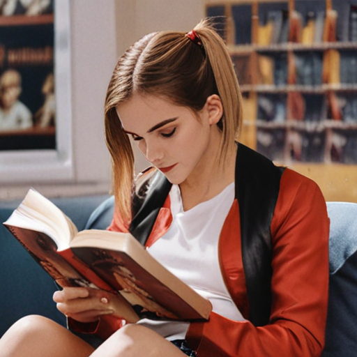 Emma Watson reading a book sitting next to Harley quinn