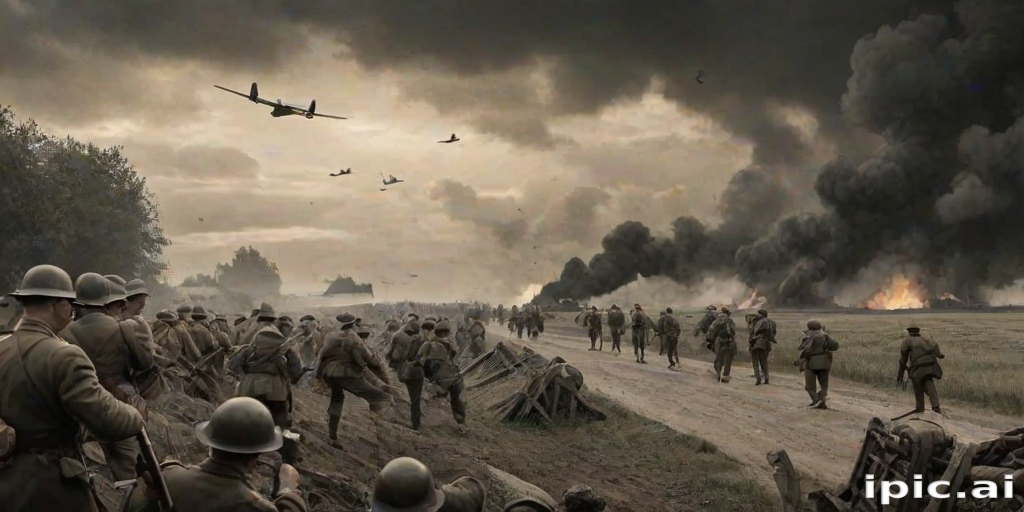 Soldiers Advancing Through Smoke and Chaos in a War-Torn Landscape
