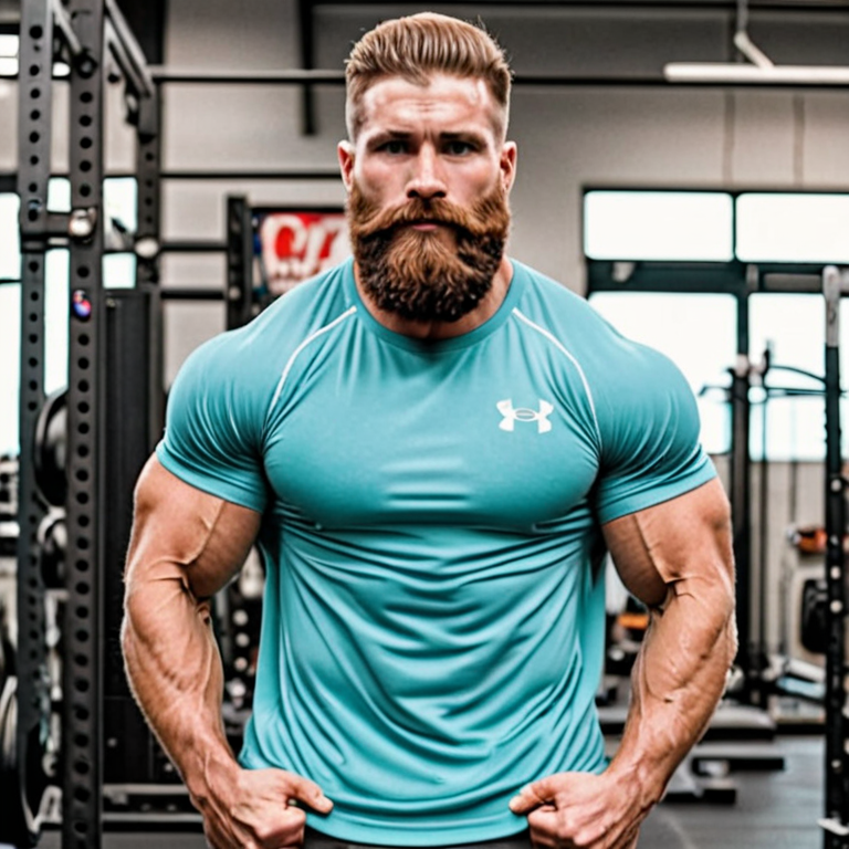 Want to compression shorts, Flexing hard bearded muscle dude close shot ...