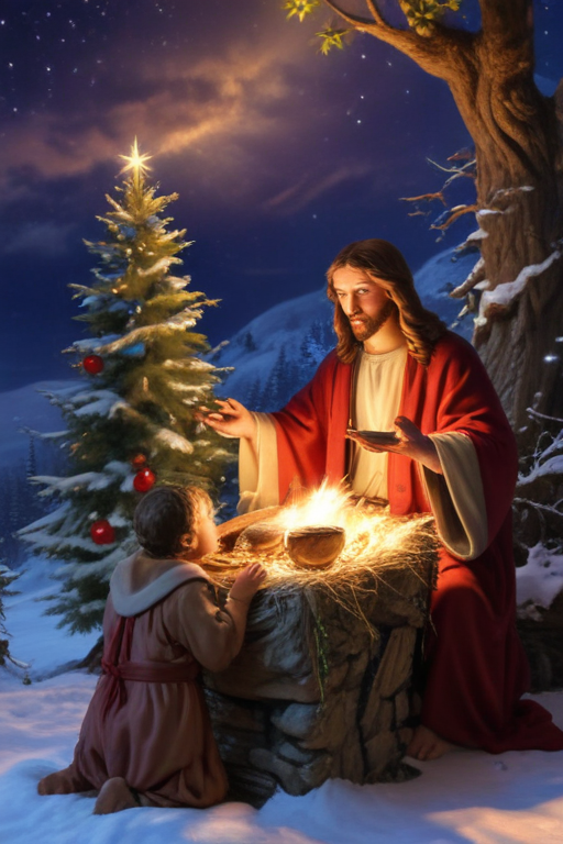 Jesus and Child Sharing Joyful Moments by the Christmas Nativity Scene