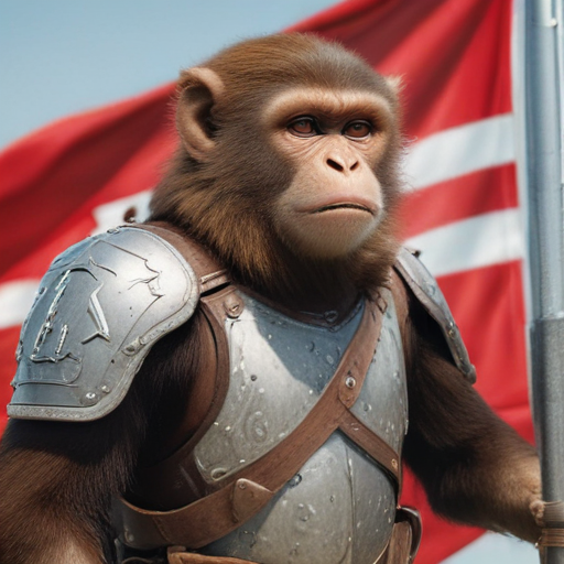 A monkey in battle armor holding a long flag that has the letters H and ...