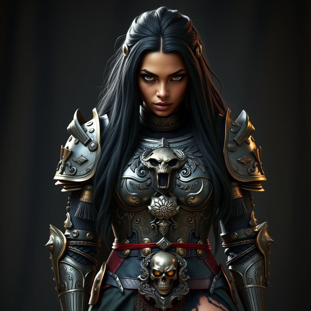 Fierce Warrior in Ornate Armor with Skull Motifs and Long Hair