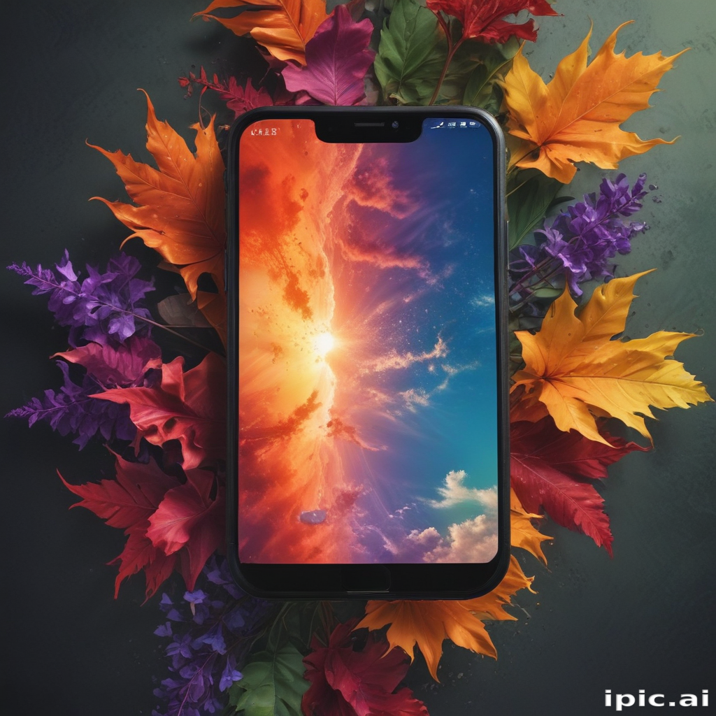 Autumn Leaves Surrounding a Smartphone Displaying a Vibrant Sky Scene