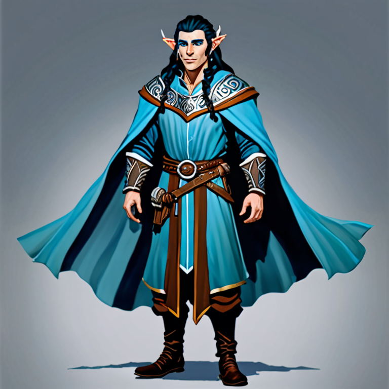 a firbolg from dnd, long swept back black hair, light blueish skin, gay ...